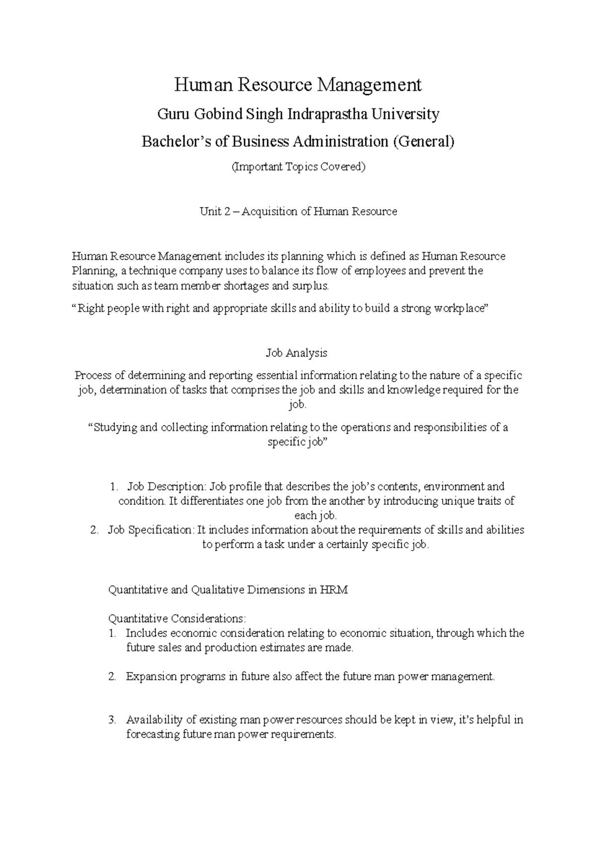 Human Resource Management (Unit 2) - Human Resource Management Guru Gobind Singh Indraprastha ...