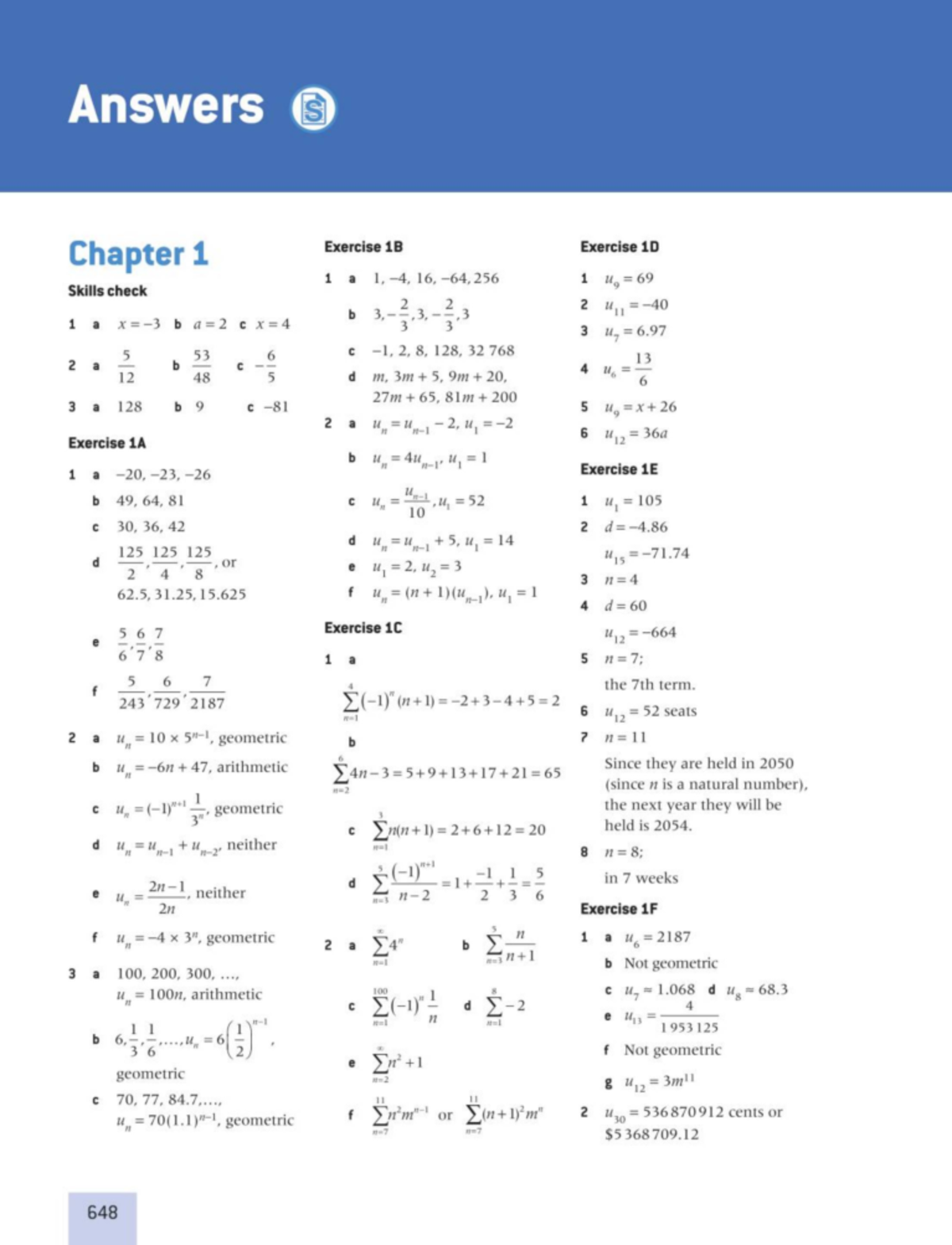 Math AA SL Textbook Answer - 2 a Ufi = 10 x 5”-1, geometric b u n= -6n ...