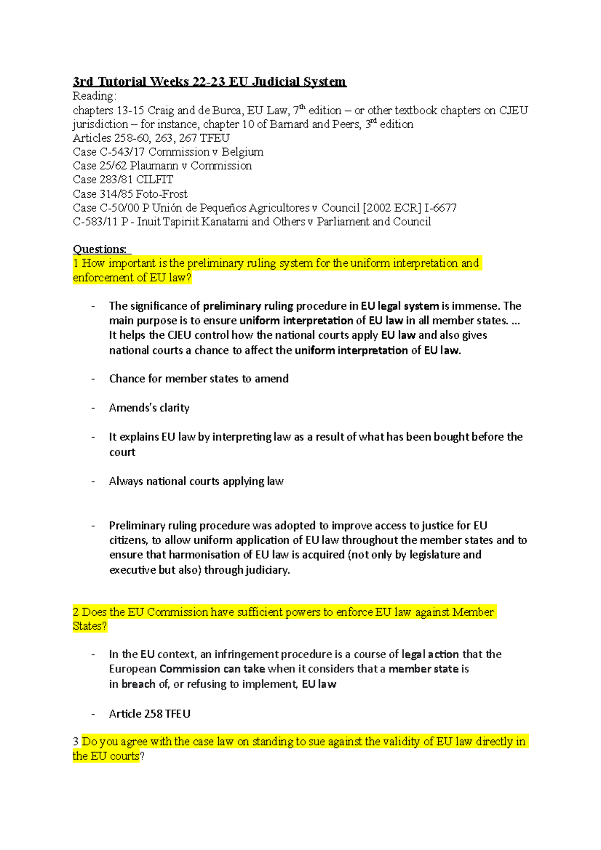 Tutorial 4 - 3rd Tutorial Weeks 22-23 EU Judicial System Reading ...
