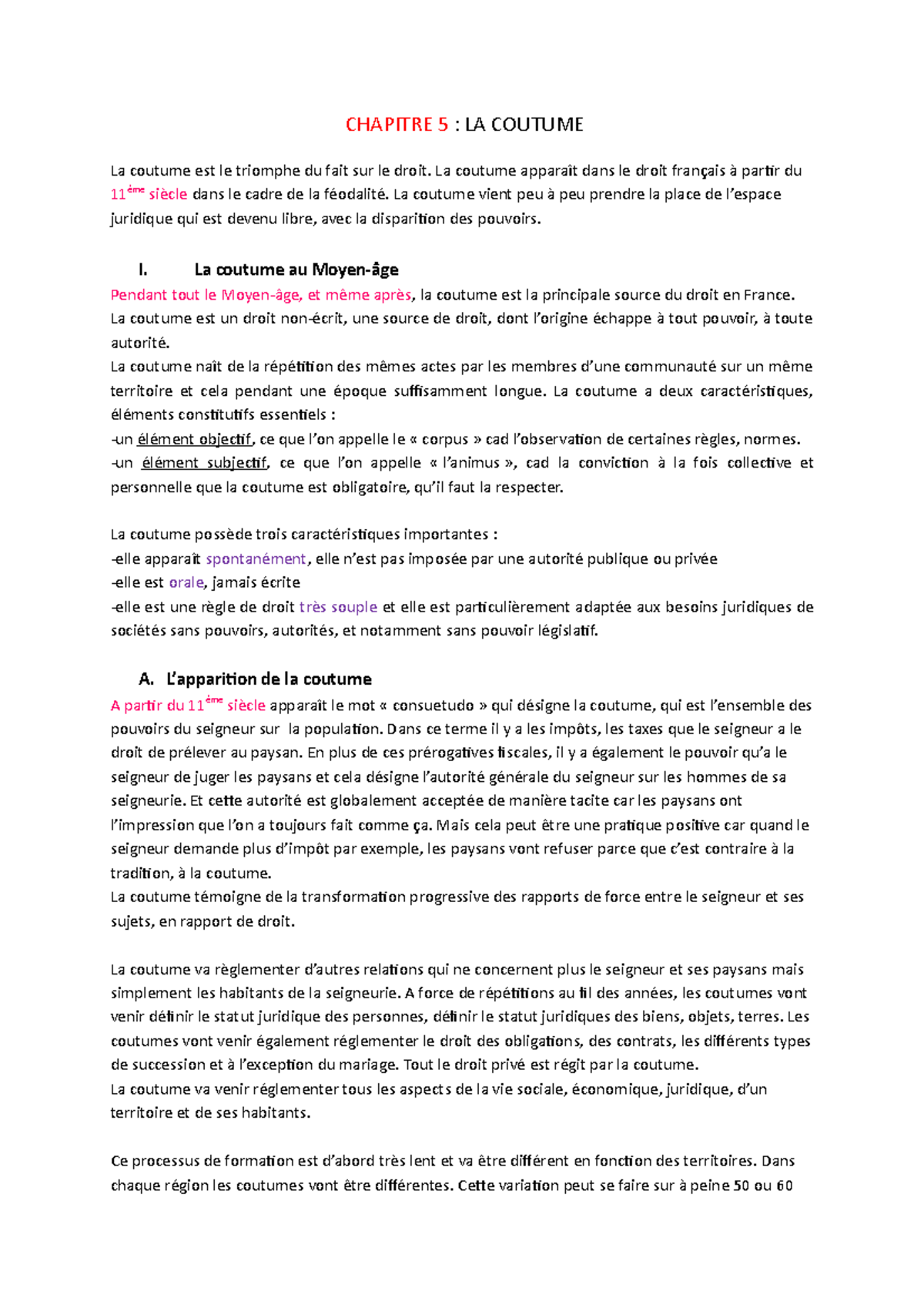 Chapitre 5 - histoire du droit - CHAPITRE 5 : LA COUTUME La coutume est ...