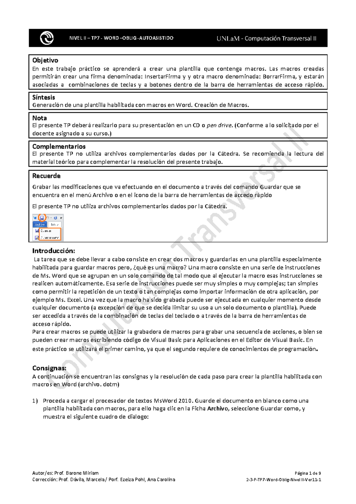 2 3 P TP7 Word Oblig Nivel II Ver11 1 - Autor/es: Prof. Barone Miriam Página 1 de 9 Objetivo En ...