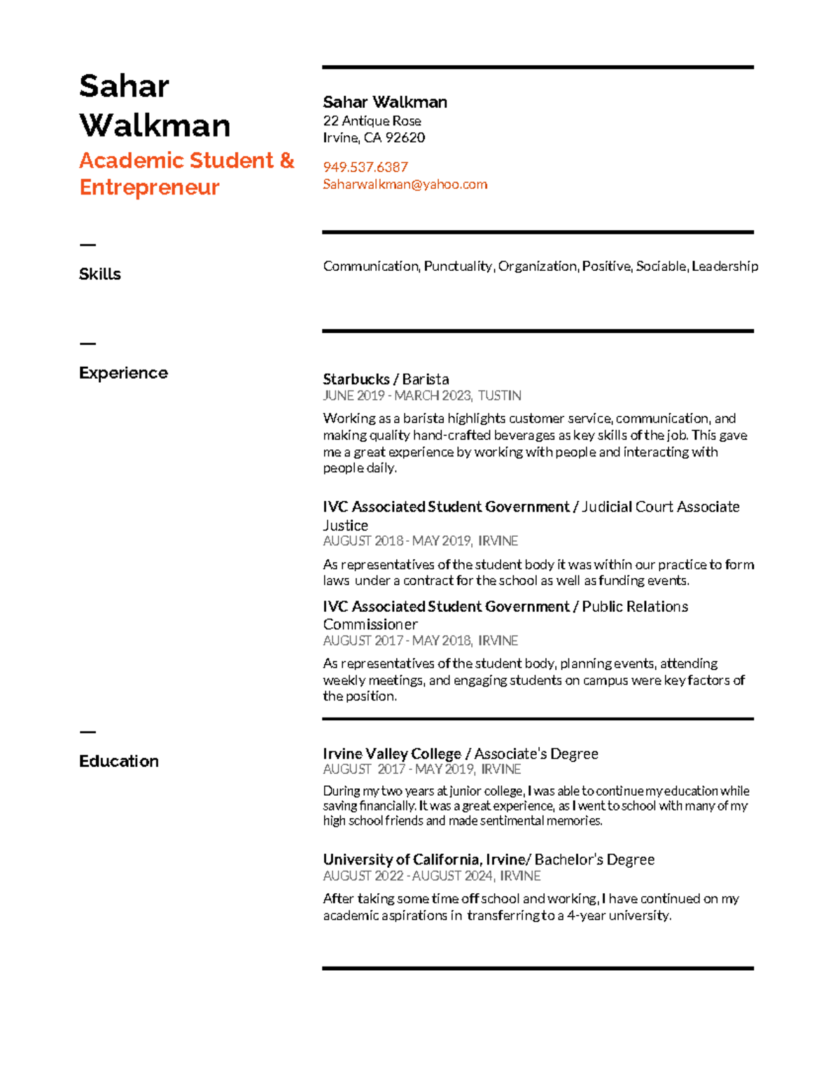 Copy of Resume - Hiiii - Sahar Walkman Academic Student & Entrepreneur ...