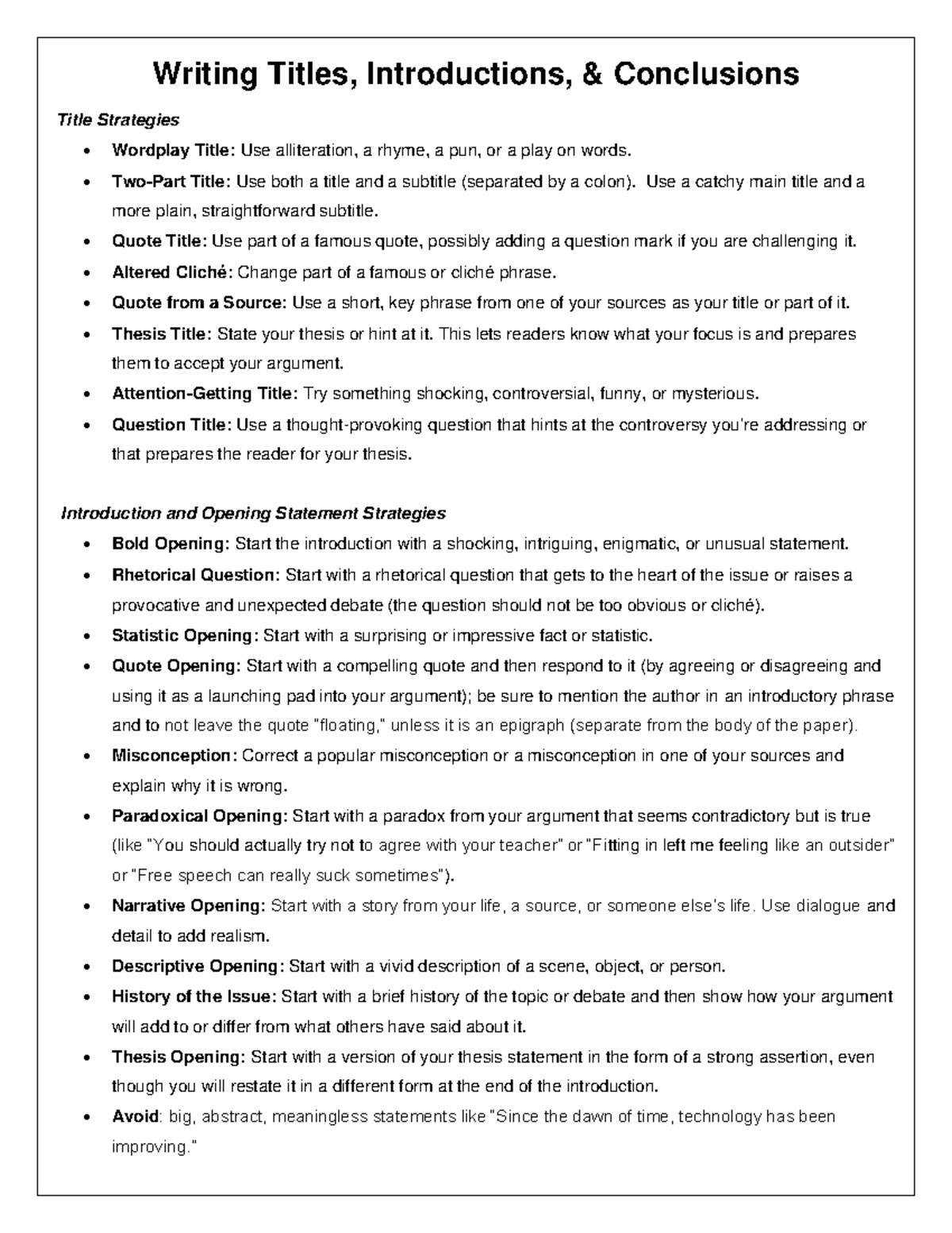 Titles, Introductions, and Conclusions - Writing Titles, Introductions ...