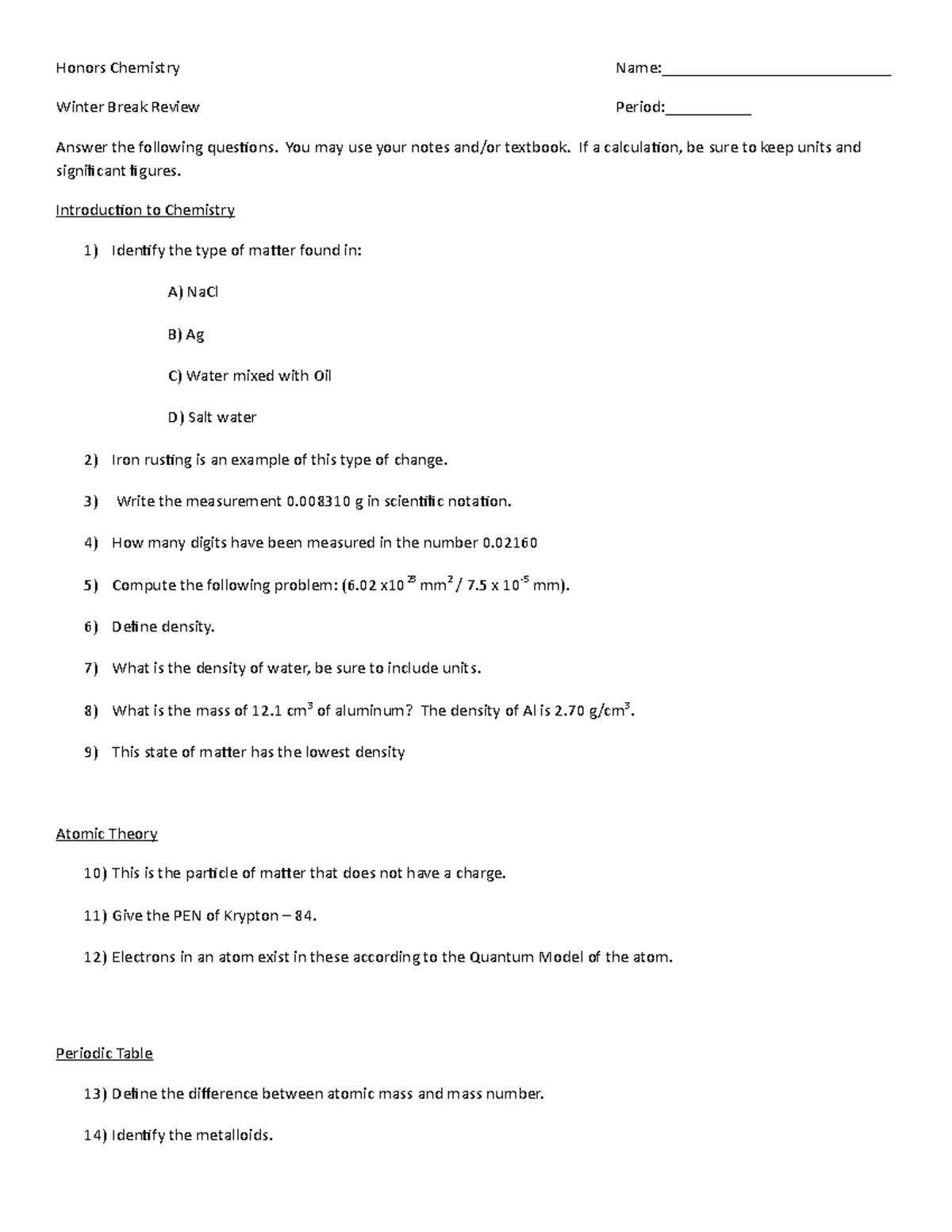 Winter Break Review WS 2021 - Honors Chemistry Name ...