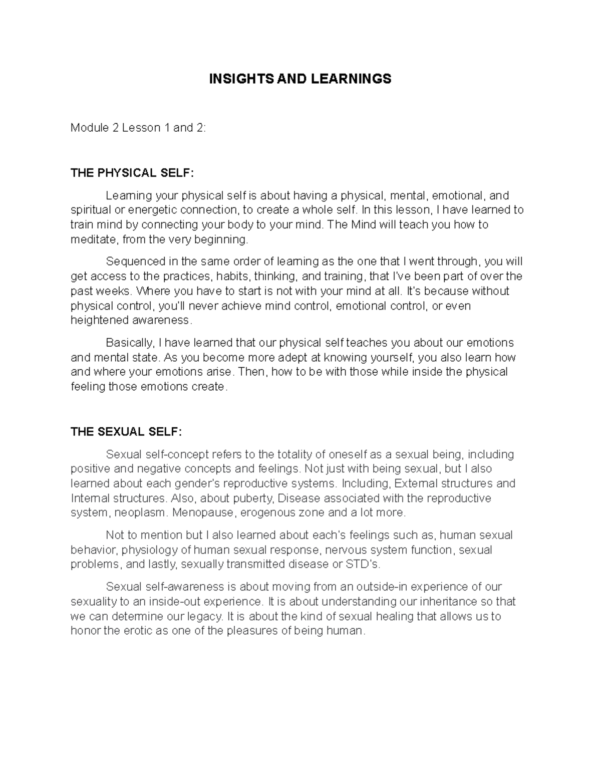 Module 2 Insights - INSIGHTS AND LEARNINGS Module 2 Lesson 1 and 2: THE ...