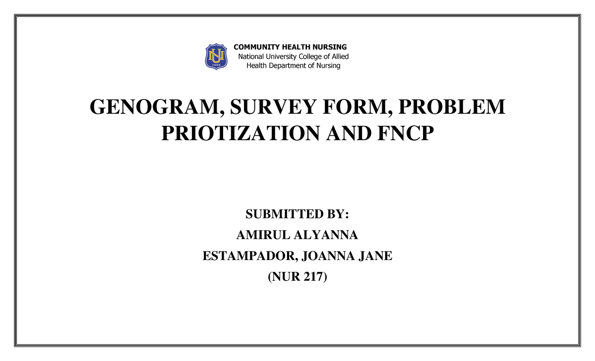 CHN 1- GENOGRAM, SURVEY FORM, PROBLEM PRIOTIZATION AND FNCP - COMMUNITY ...