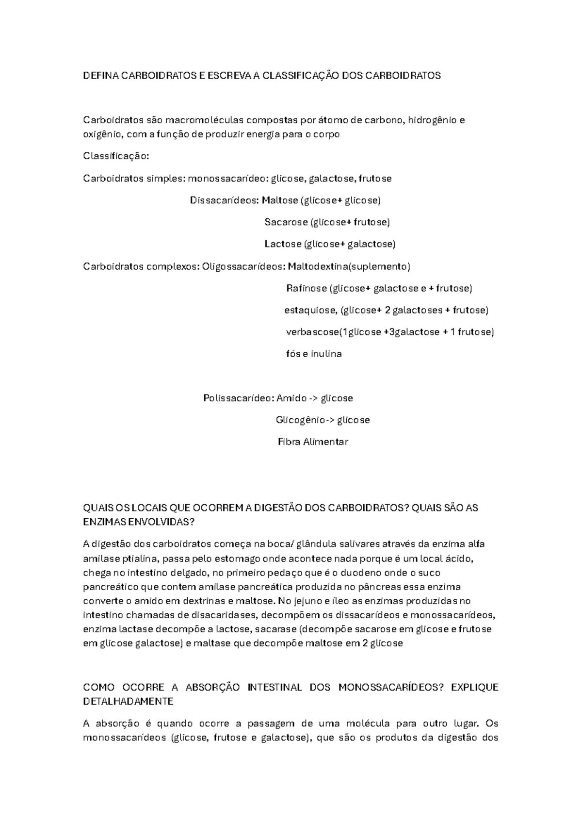 Respostas - algumas anotações - DEFINA CARBOIDRATOS E ESCREVA A ...
