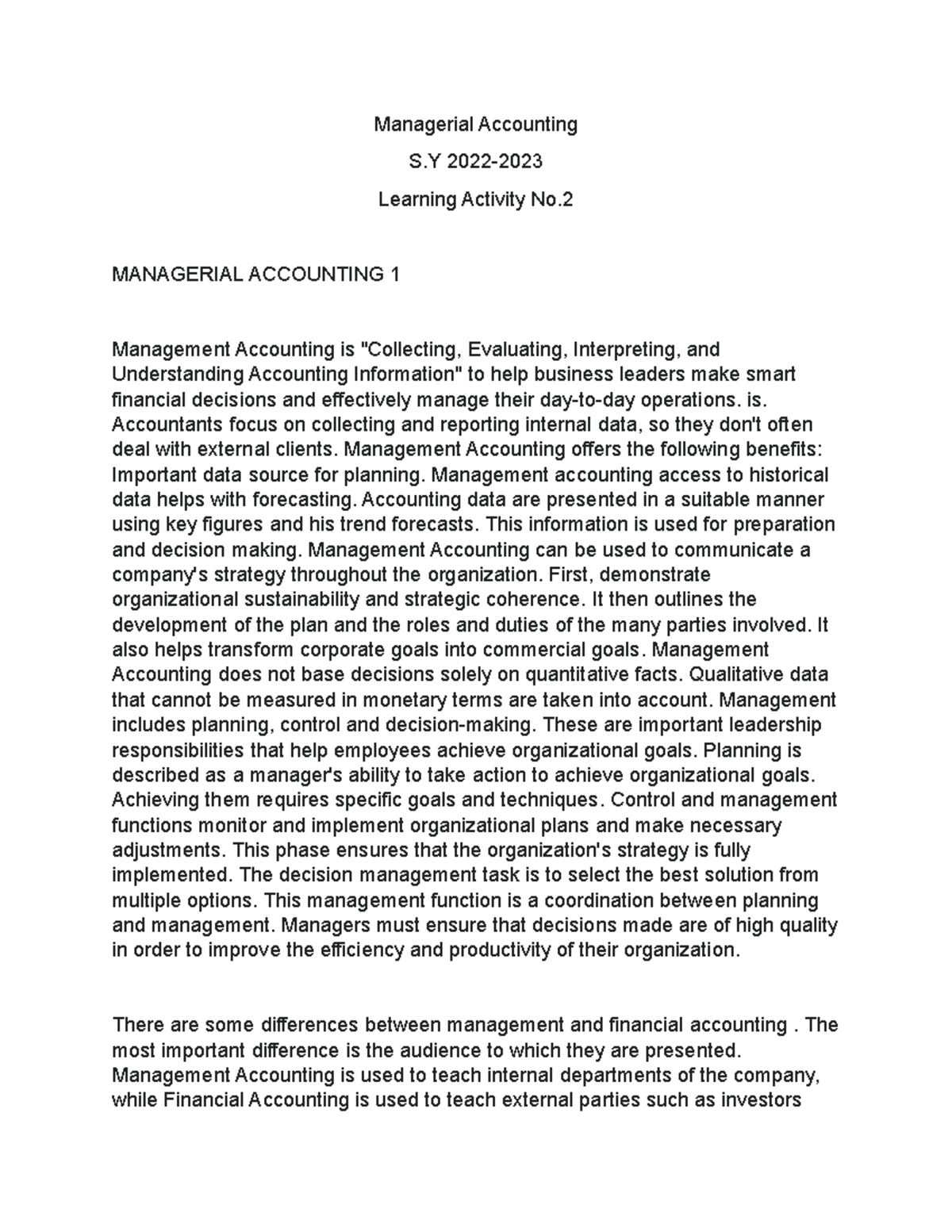 Managerial Accounting Learning Activity 2 Managerial Accounting S