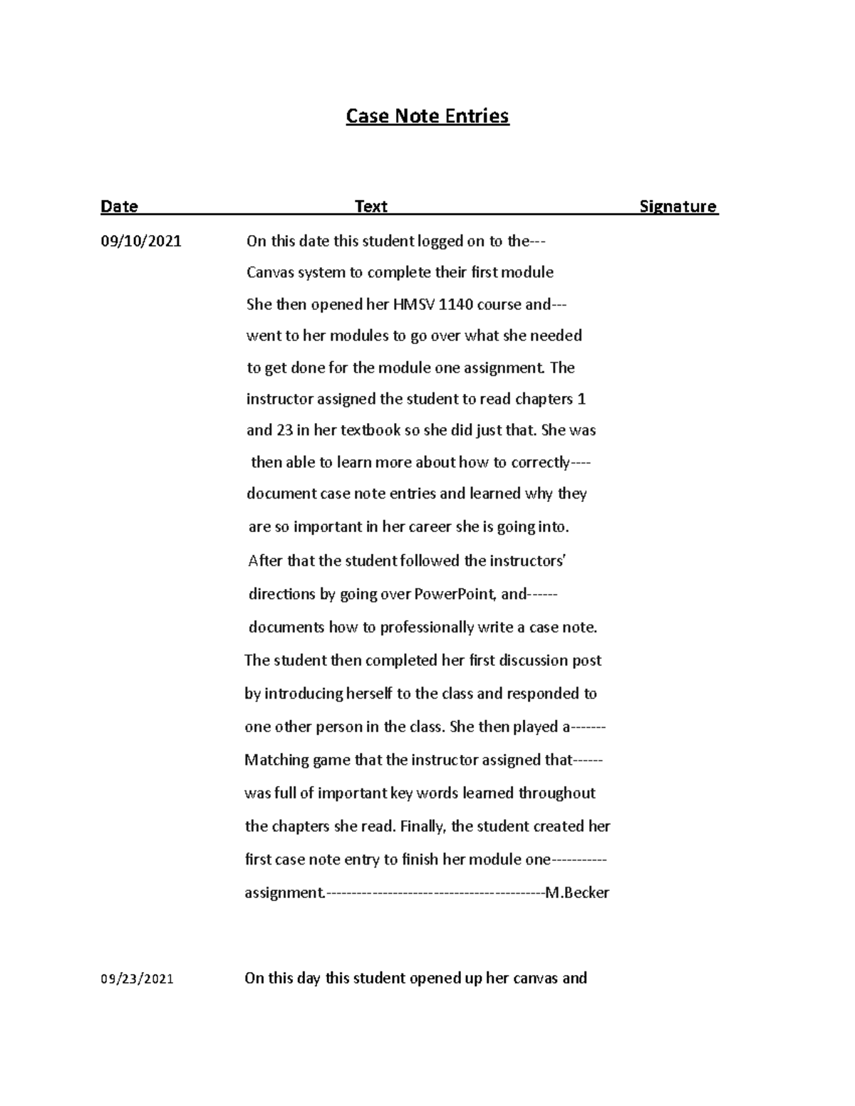 CASE NOTE Entries - HMSV 1140 - MCC - Studocu