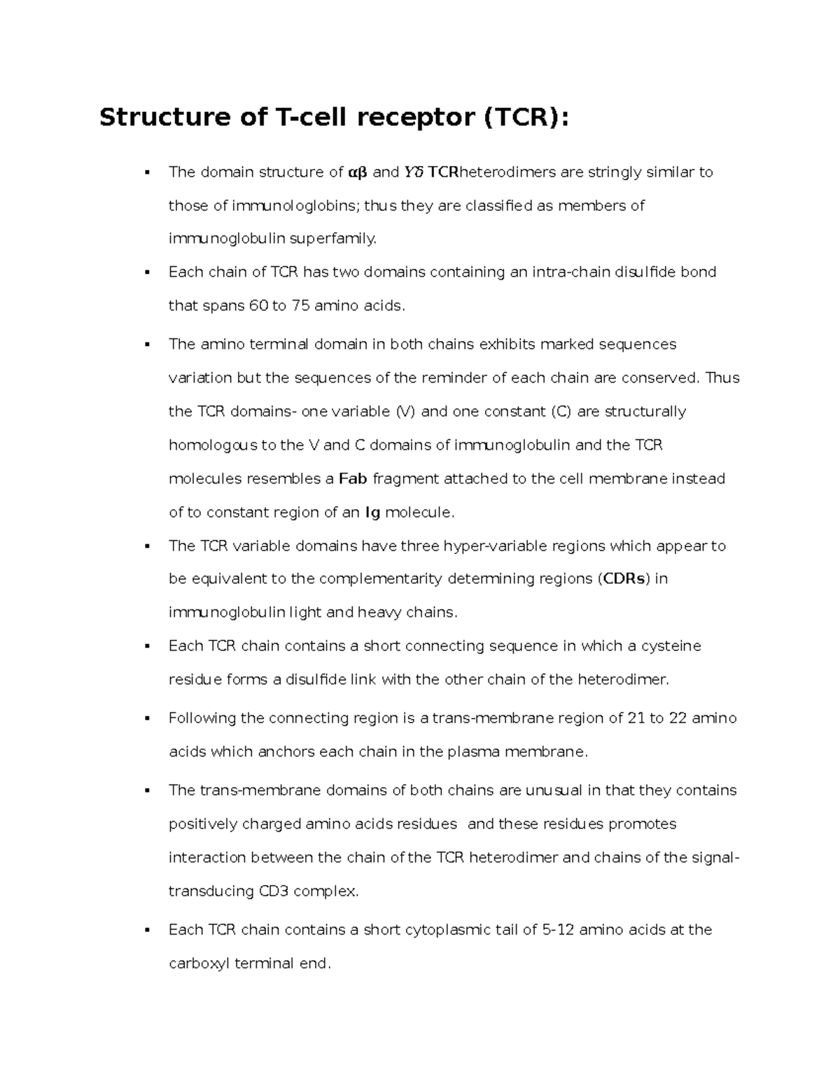 Biology Science 286 - Structure of T-cell receptor (TCR): The domain structure of αβ and Ƴ𝐀 ...