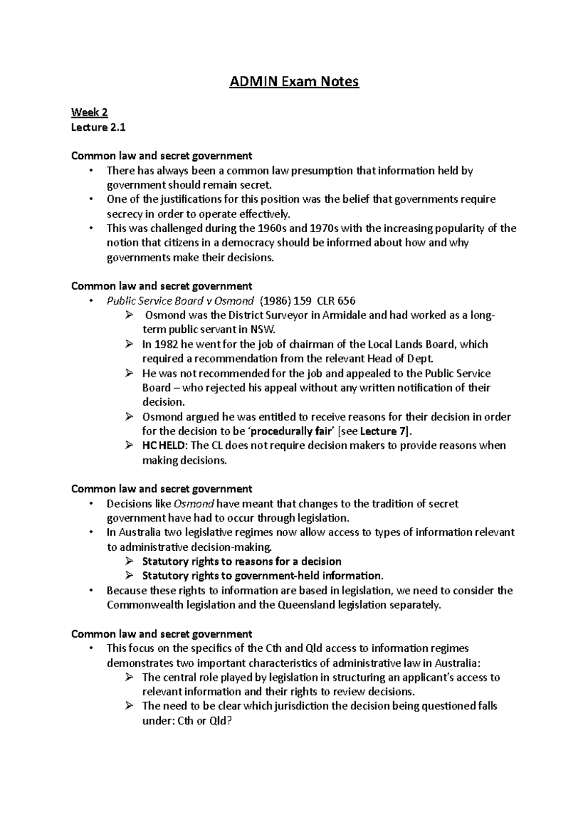Admin Exam Notes - ADMIN Exam Notes Week 2 Lecture 2. Common law and ...