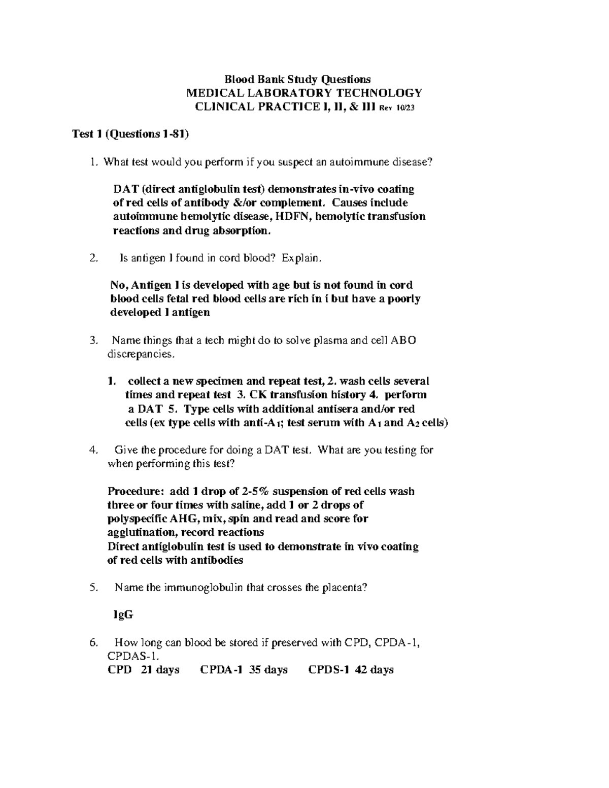 BB studyguide rev 2023 - Final exam - Blood Bank Study Questions ...