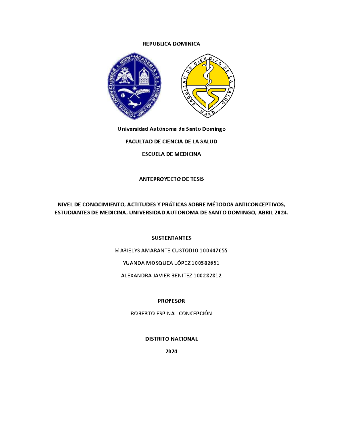 anteproyecto de tesis metodos anticonceptivos - REPUBLICA DOMINICA ...
