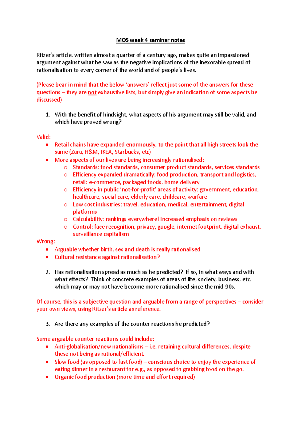 MOS week 4 seminar notes - MOS week 4 seminar notes Ritzer’s article ...