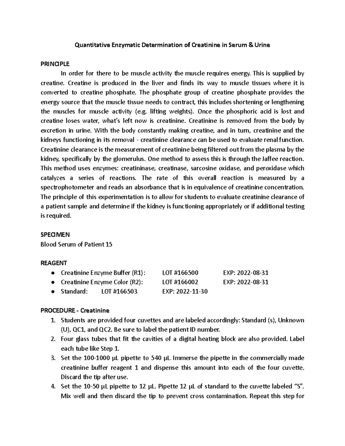 Clinical Chemistry Lab Report: Creatinine - Quantitative Enzymatic ...