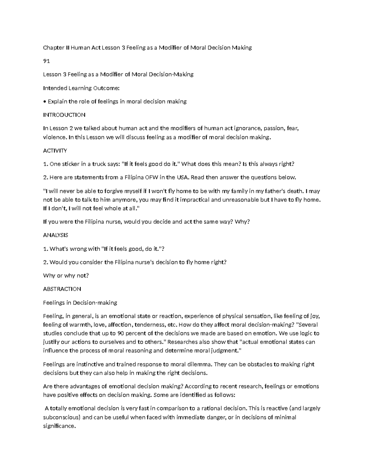 Chapter II Human Act Lesson 3 Feeling as a Modifier of Moral Decision ...