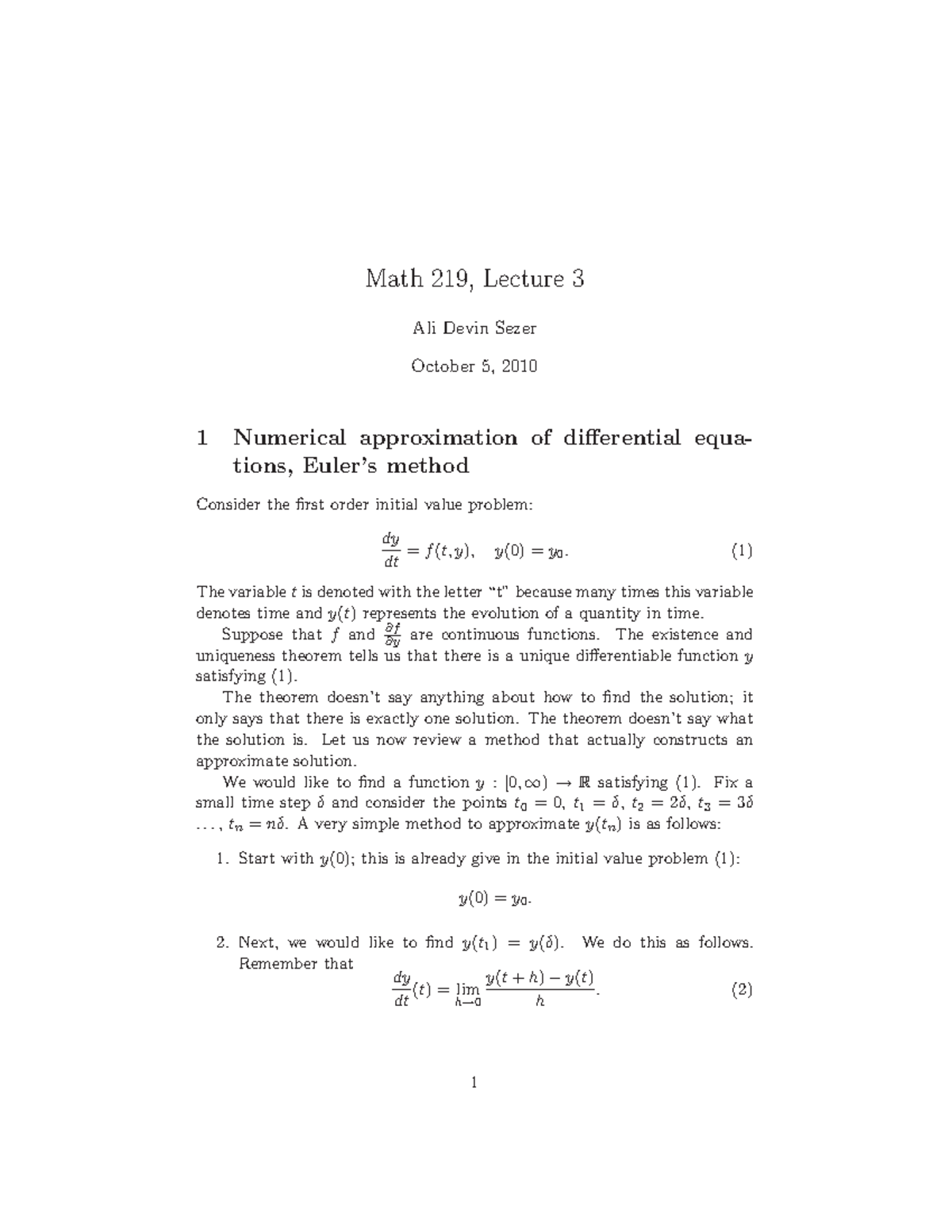 MATH219.2010 1.Lecture Notes 2 - Math 219, Lecture 3 Ali Devin Sezer ...