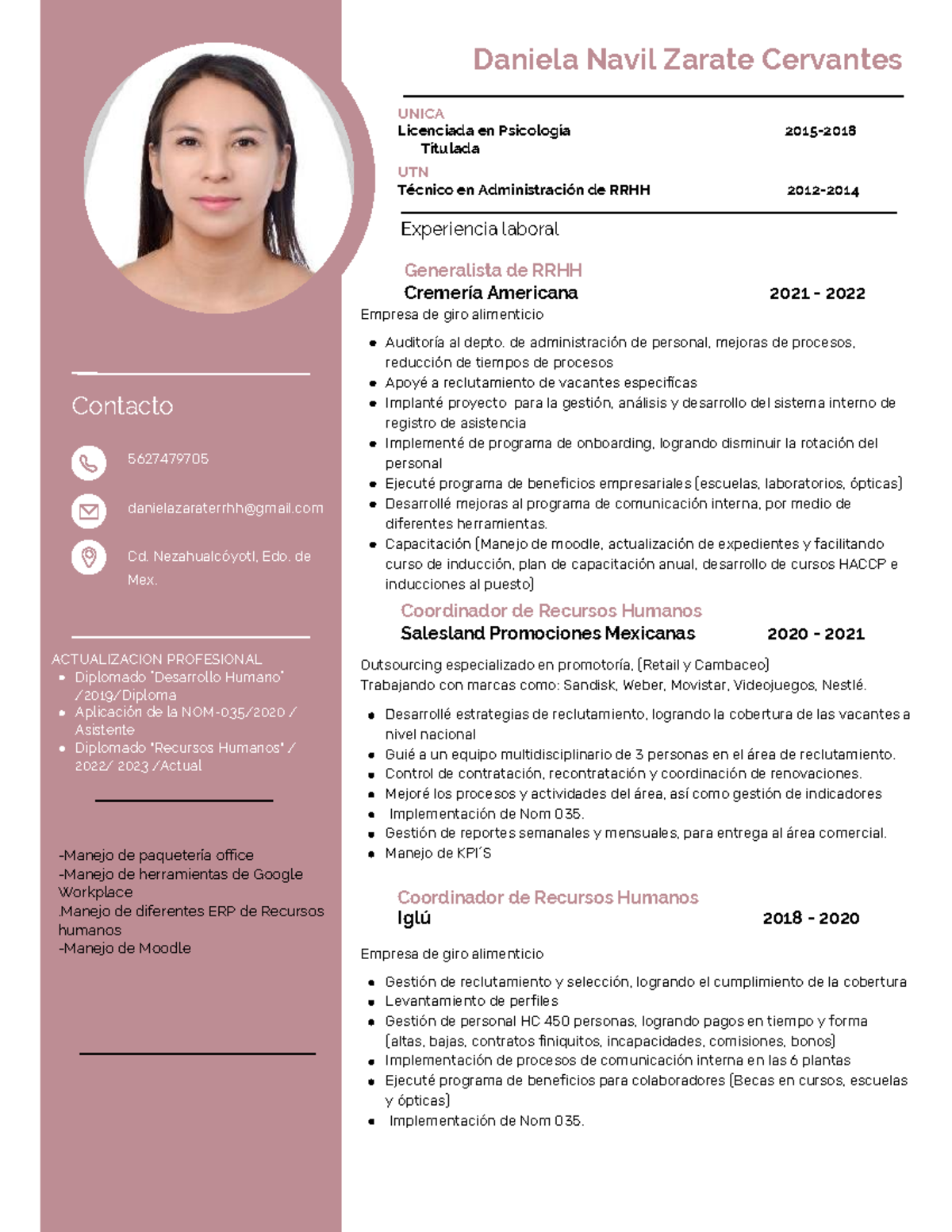 CV Daniela Zarate RRHH - Cv, - Onweerstaanbaar Cv - 5627479705 danielazaraterrhh@gmail Cd. - Studocu