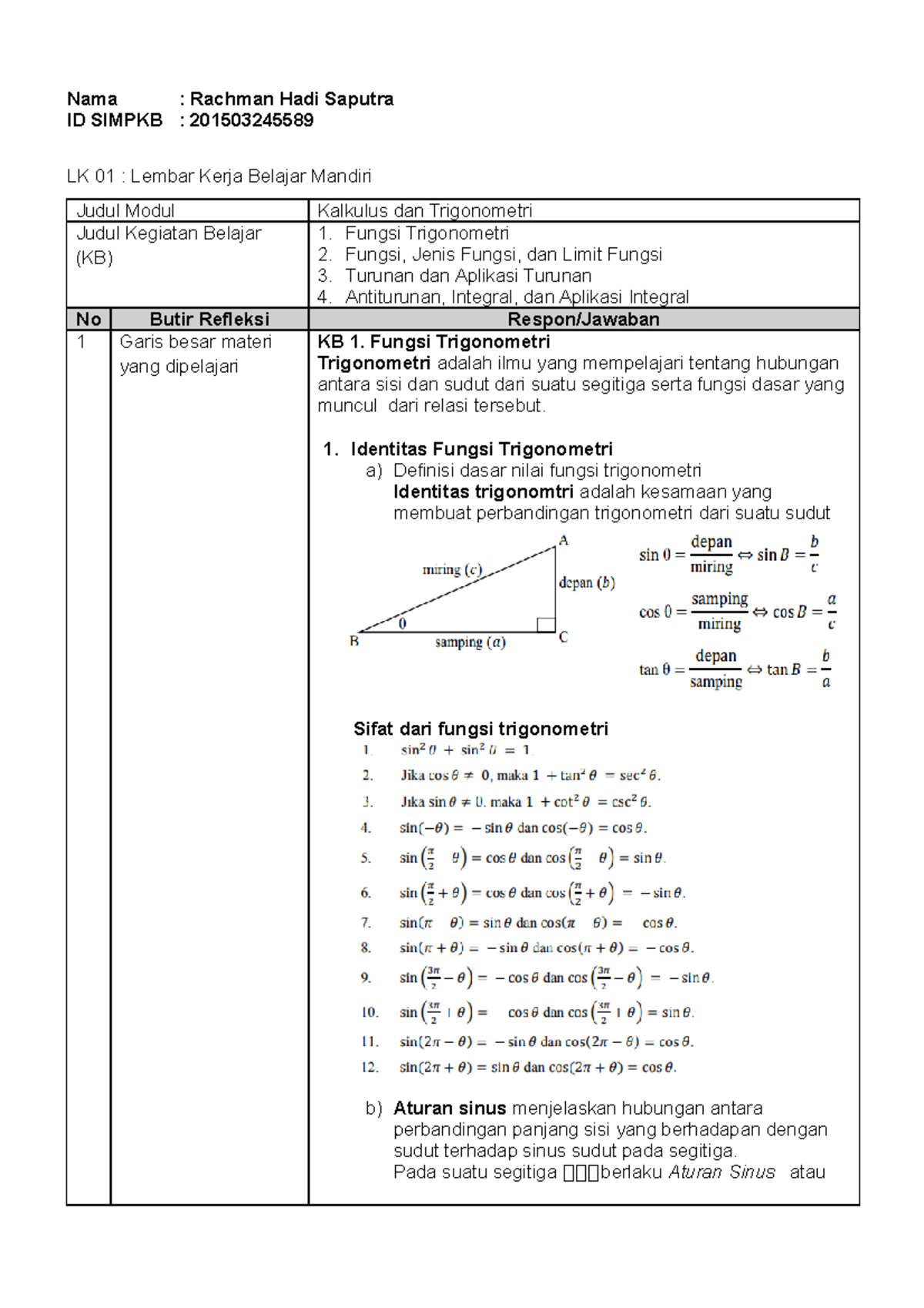 LK 01. Modul 3 Kalkulus dan Trigonometri - Nama : Rachman Hadi Saputra ...
