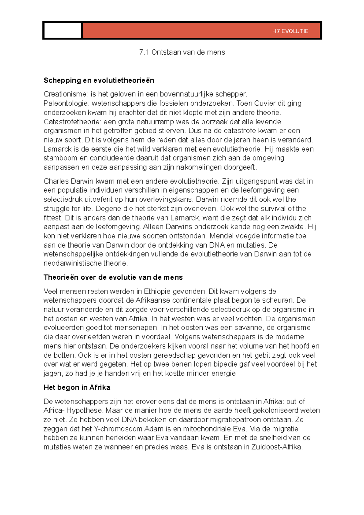 H7 Evolutie - samenvatting - 7 Ontstaan van de mens Schepping en ...