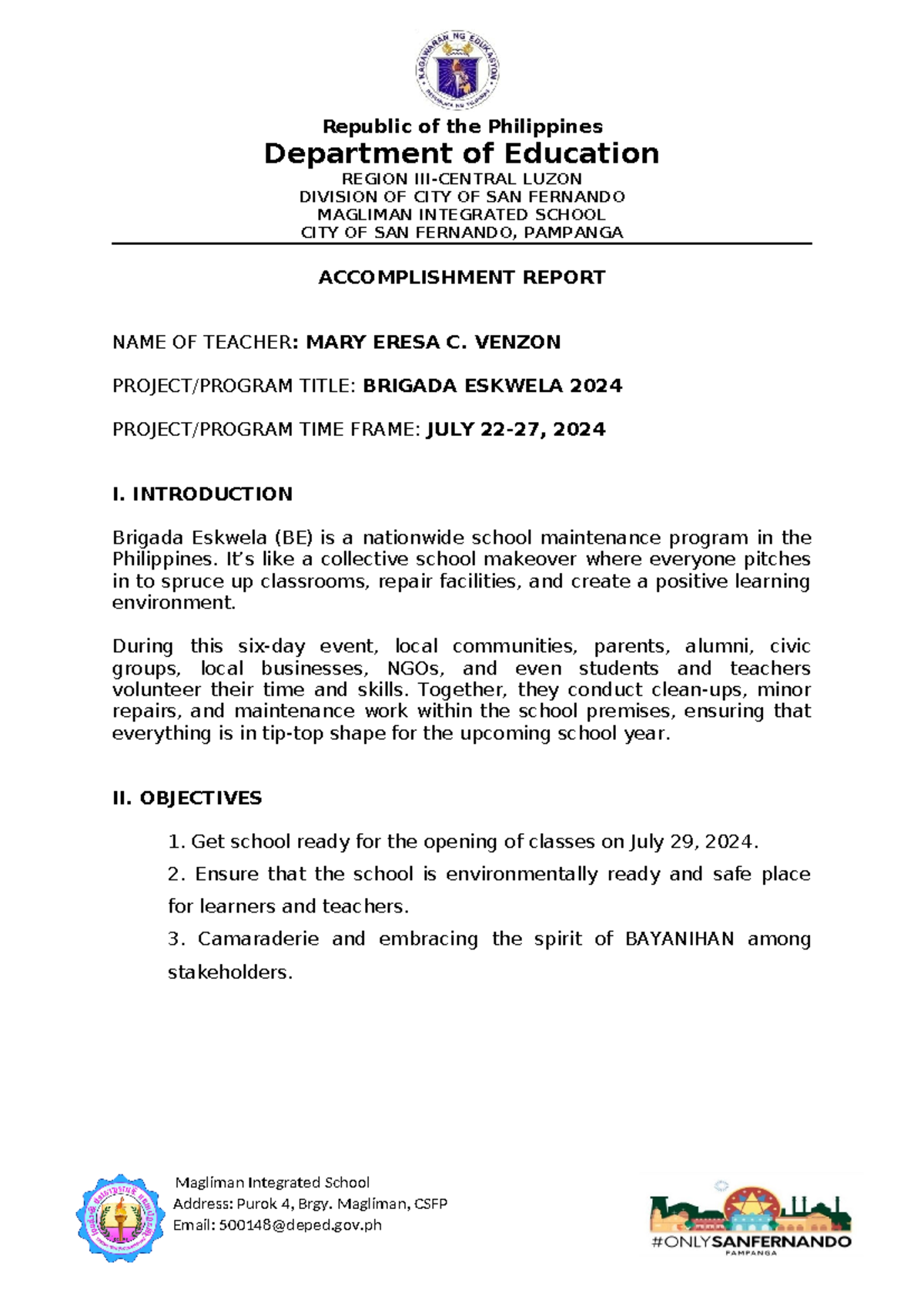 Brigada Eskwela Accomplishment Report - Republic of the Philippines ...