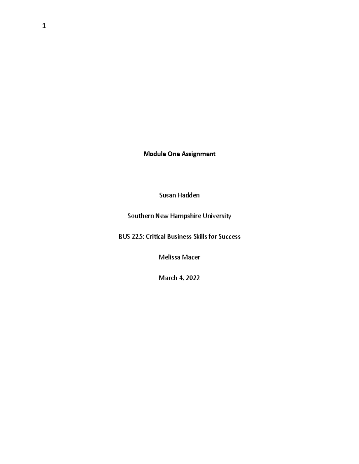 BUS225 Module One Assignment - Module One Assignment Susan Hadden ...