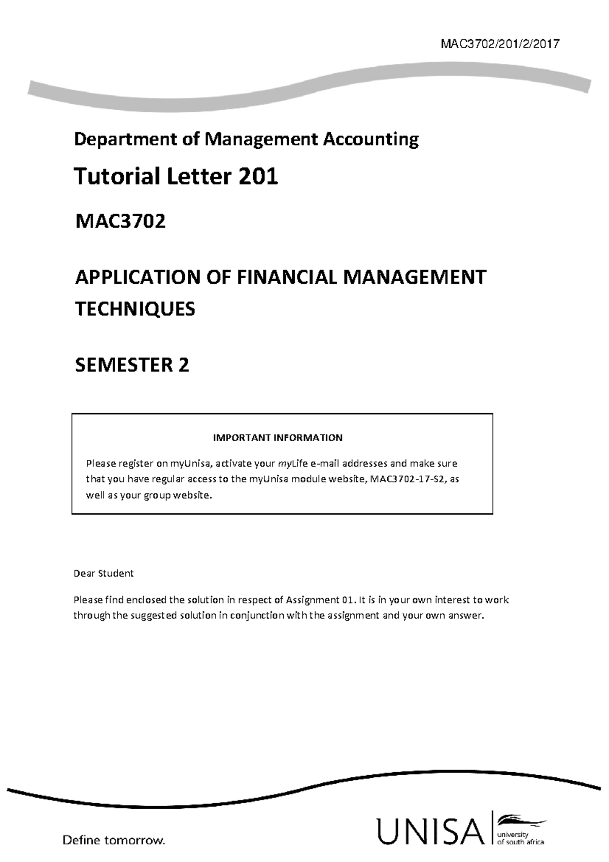 201 2017 2 e - ASSIGNMENTS TUTORIAL LETTER - Department of Management ...