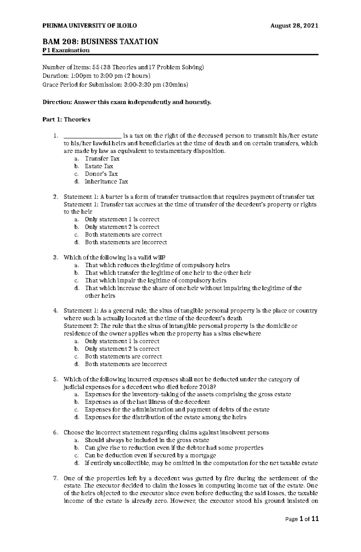 4-BAM 208 P1 Examination - BAM 208: BUSINESS TAXATION P1 Examination ...