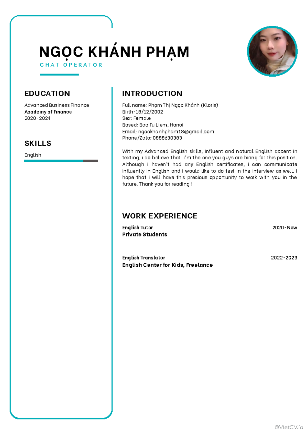Chat Operator CV - good - EDUCATION INTRODUCTION Advanced Business ...