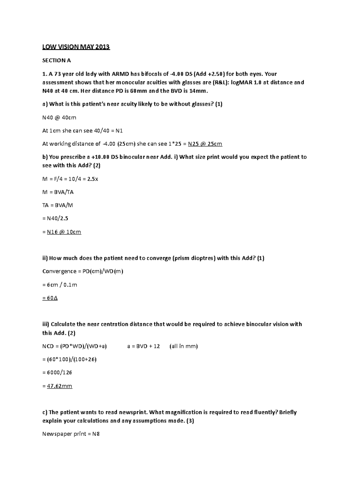 Low vision PPA - n/a - LOW VISION MAY 2013 SECTION A A 73 year old lady ...