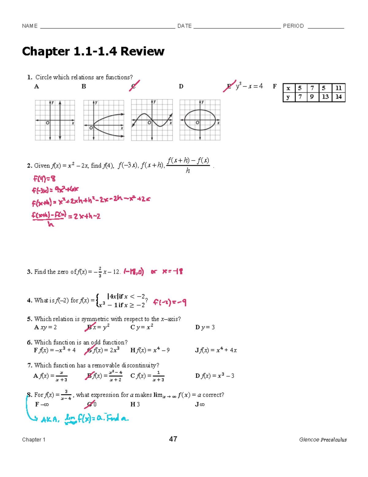 Chapter 1.1 - 1.4 Review Key - Chapter 1 47 Glencoe Precalculus Chapter ...