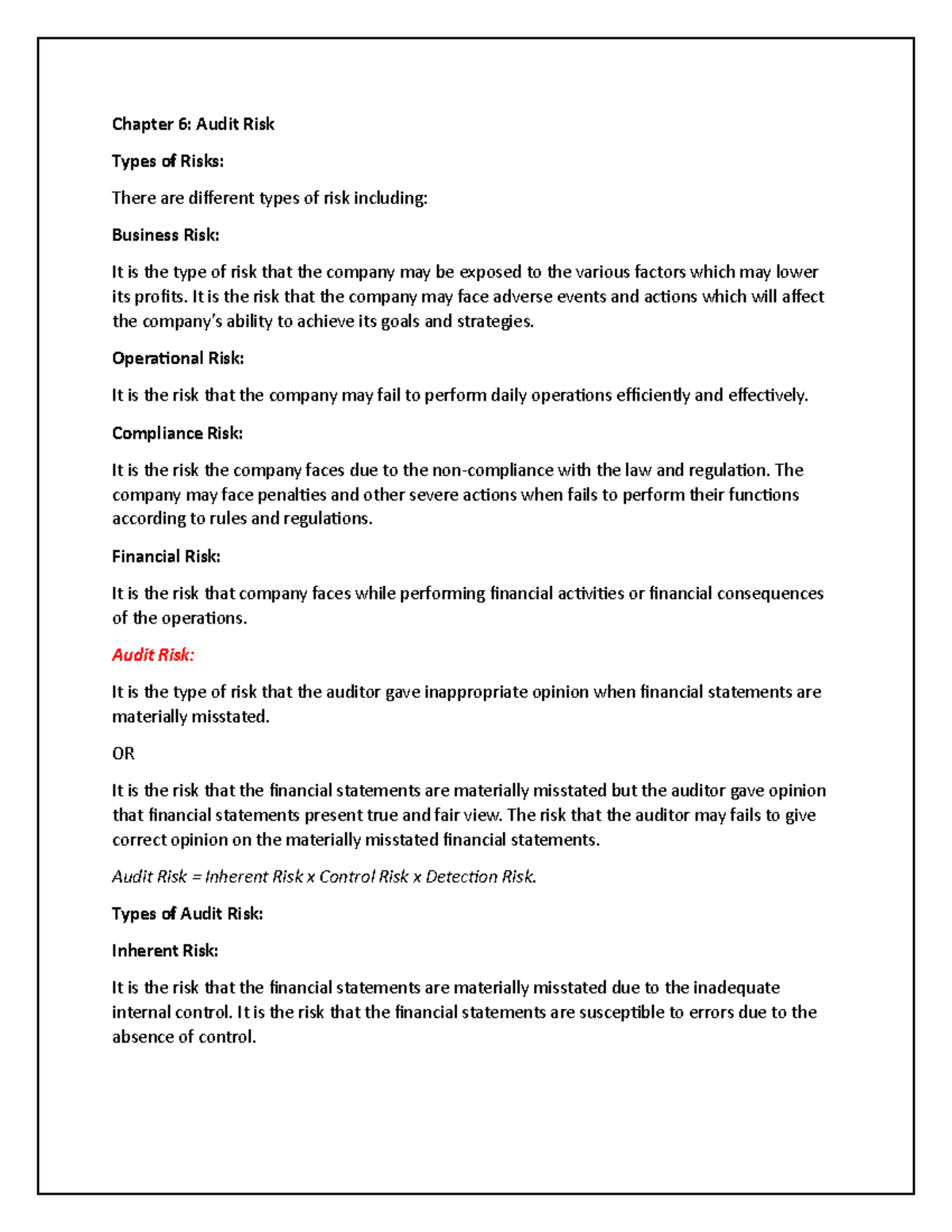 Audit Risk Notes - kkkooko - Chapter 6: Audit Risk Types of Risks ...