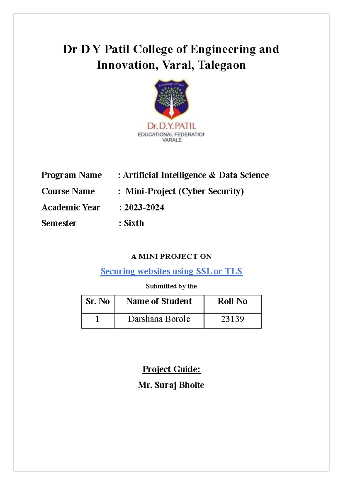 Cs mini first pages - Mini project of cyber security - Dr D Y Patil ...