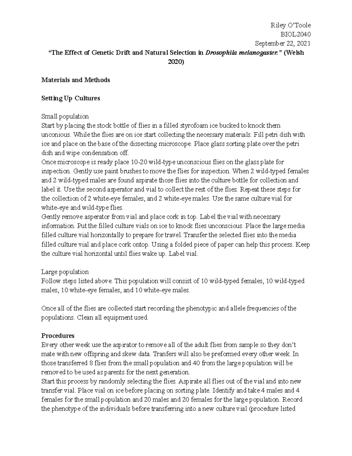 Fly Lab - Materials and Methods - BIOL 2030 - Dal - Studocu