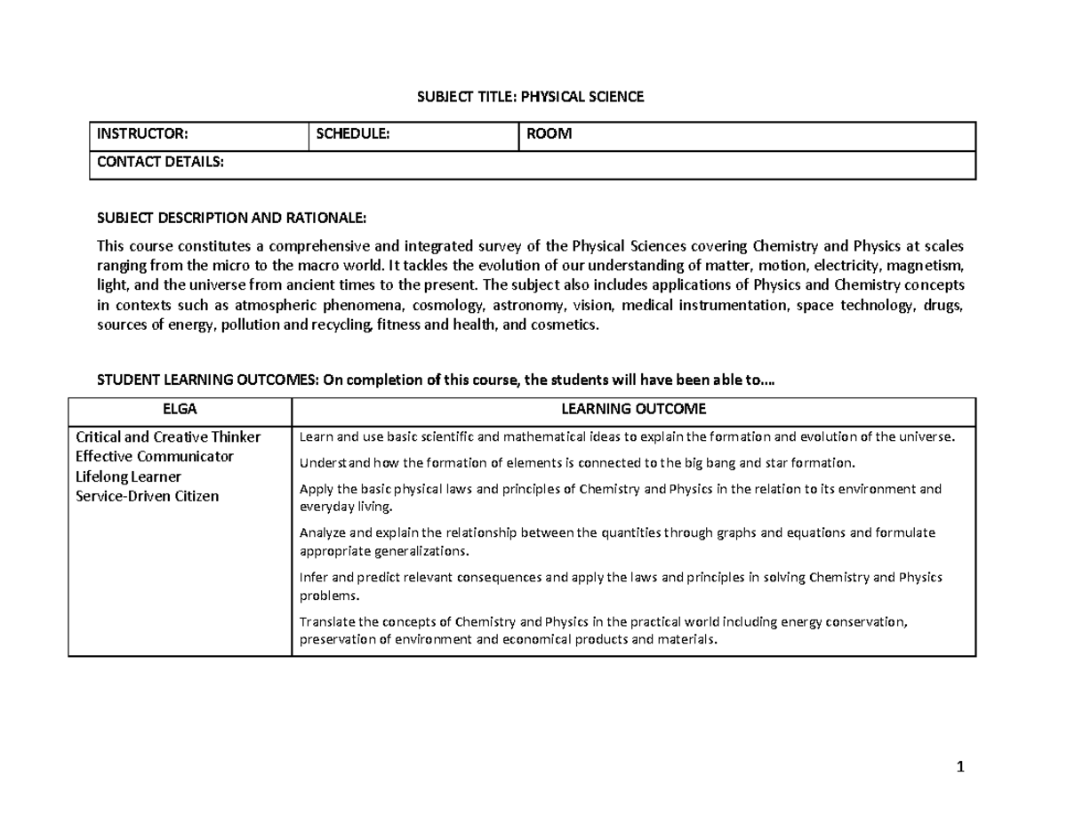 Syllabus physical science - SUBJECT TITLE: PHYSICAL SCIENCE INSTRUCTOR ...
