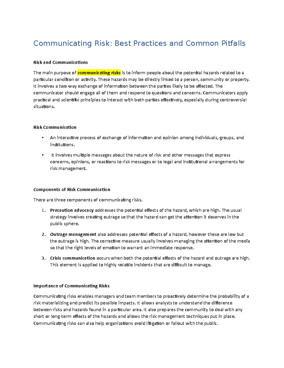 Communicating Risk - notes - Communicating Risk: Best Practices and ...