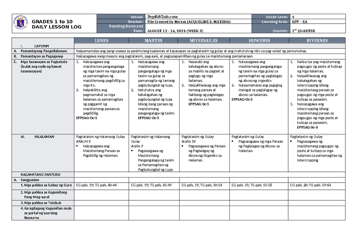 DLL EPP WEEK 3 QUARTER 1 - GRADES 1 to 10 DAILY LESSON LOG School ...