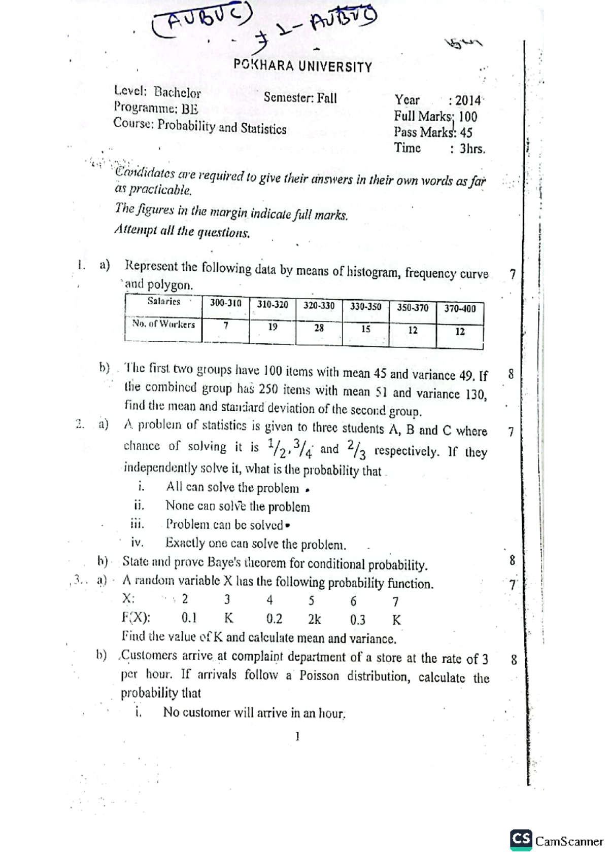 Probability and statistics past question - Probability and Queuing Theory - Studocu