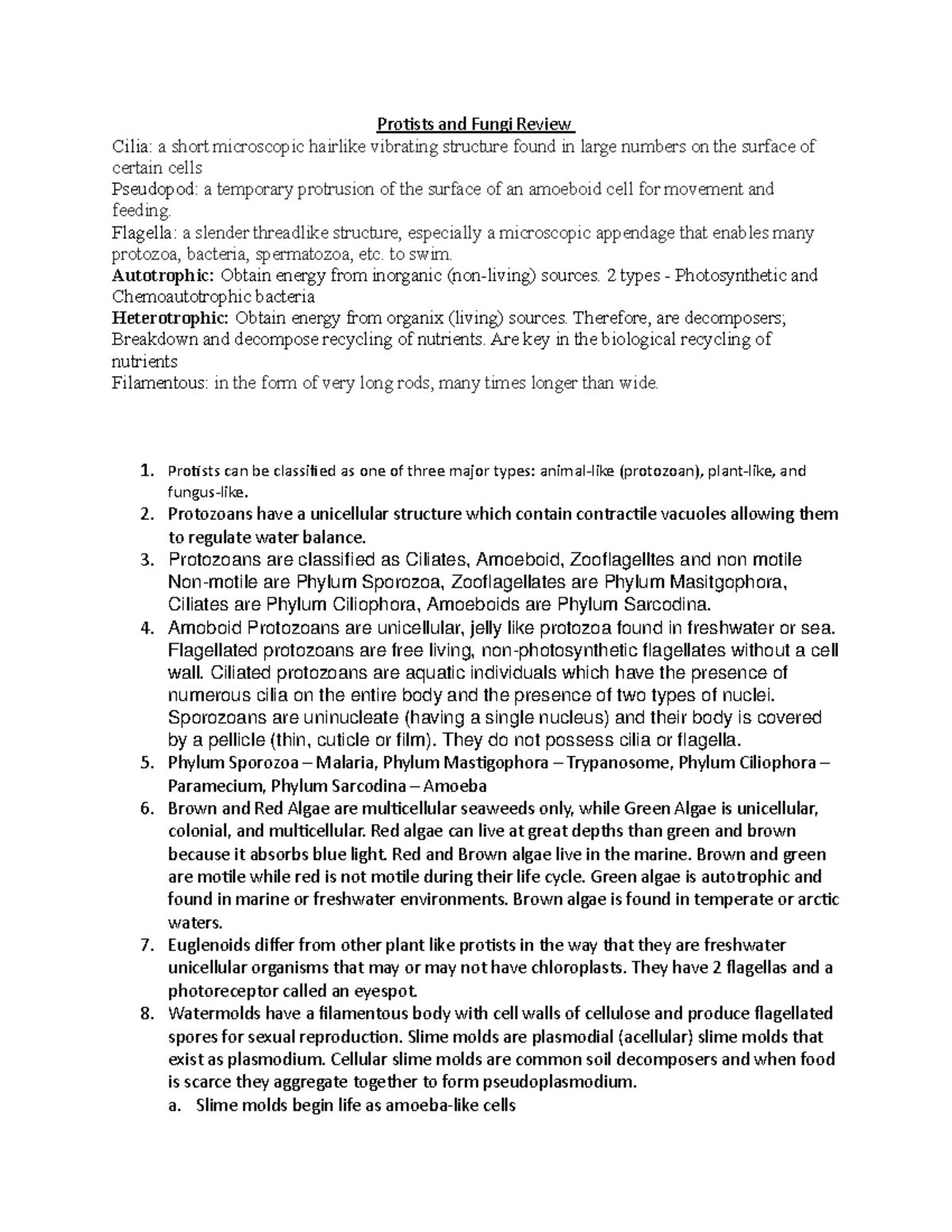 Protists and Fungi Review - Proists and Fungi Review Cilia: a short ...