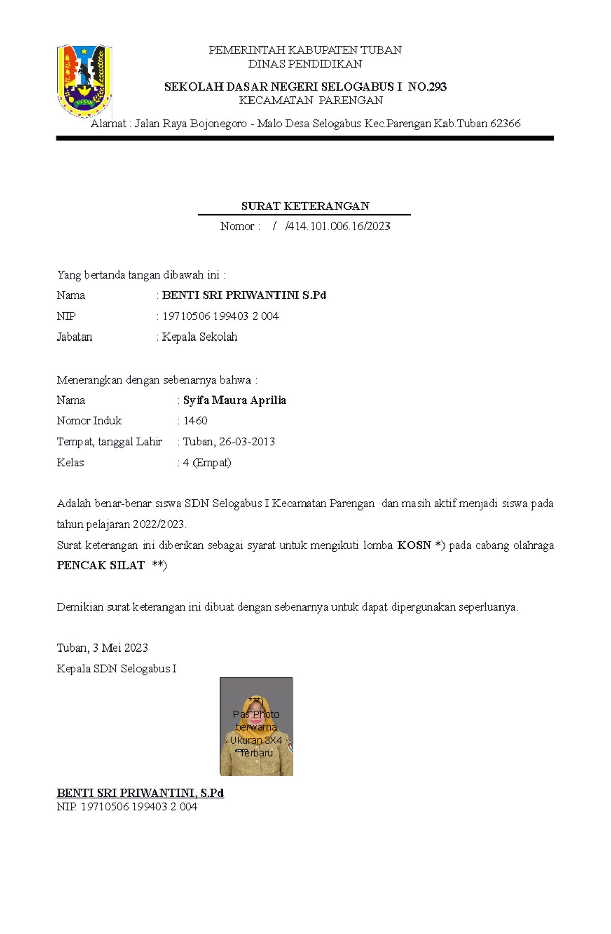 Contoh Surat Keterangan Syifa - PEMERINTAH KABUPATEN TUBAN DINAS ...