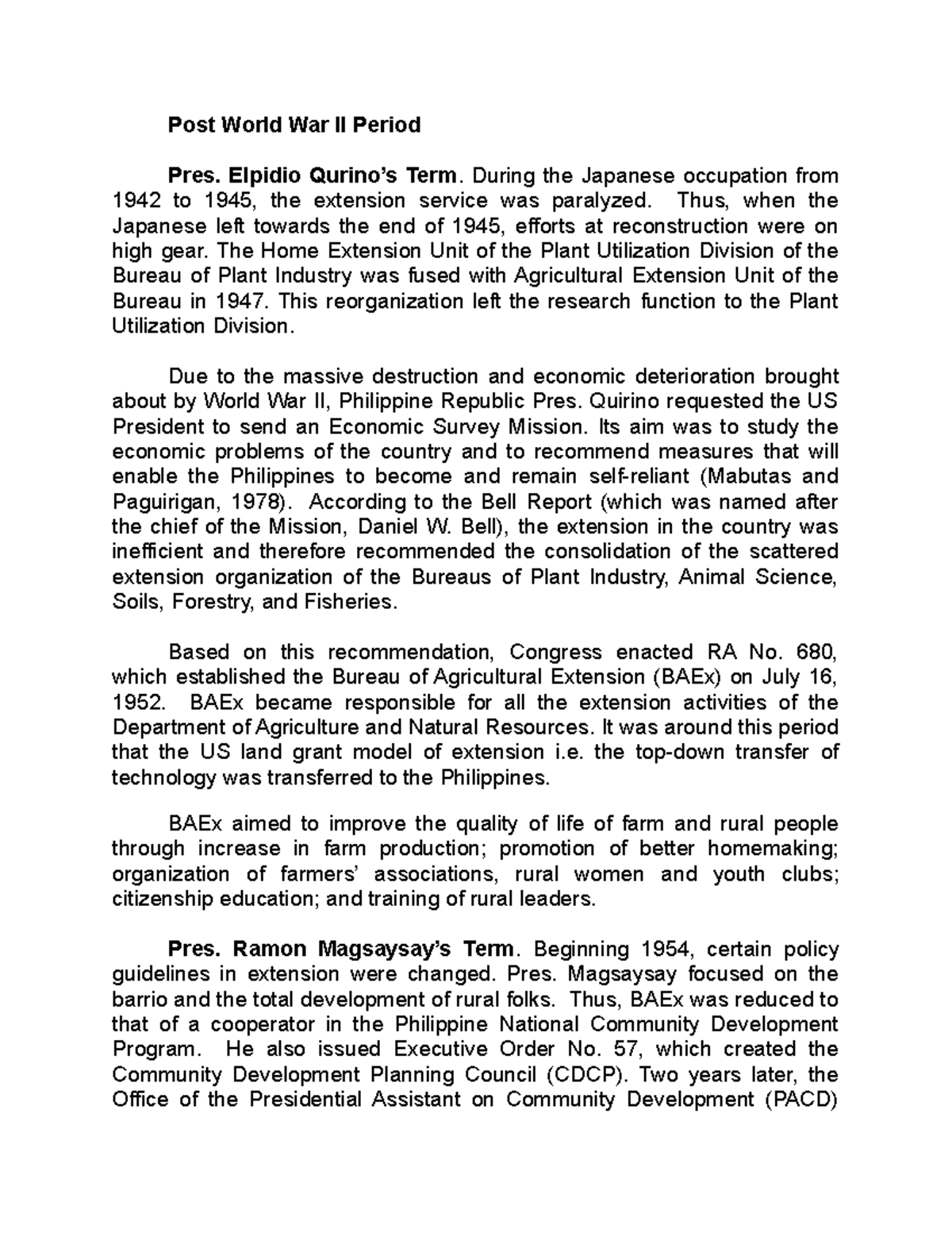 Post World War II Period Elpidio Qurino s Term During The Japanese