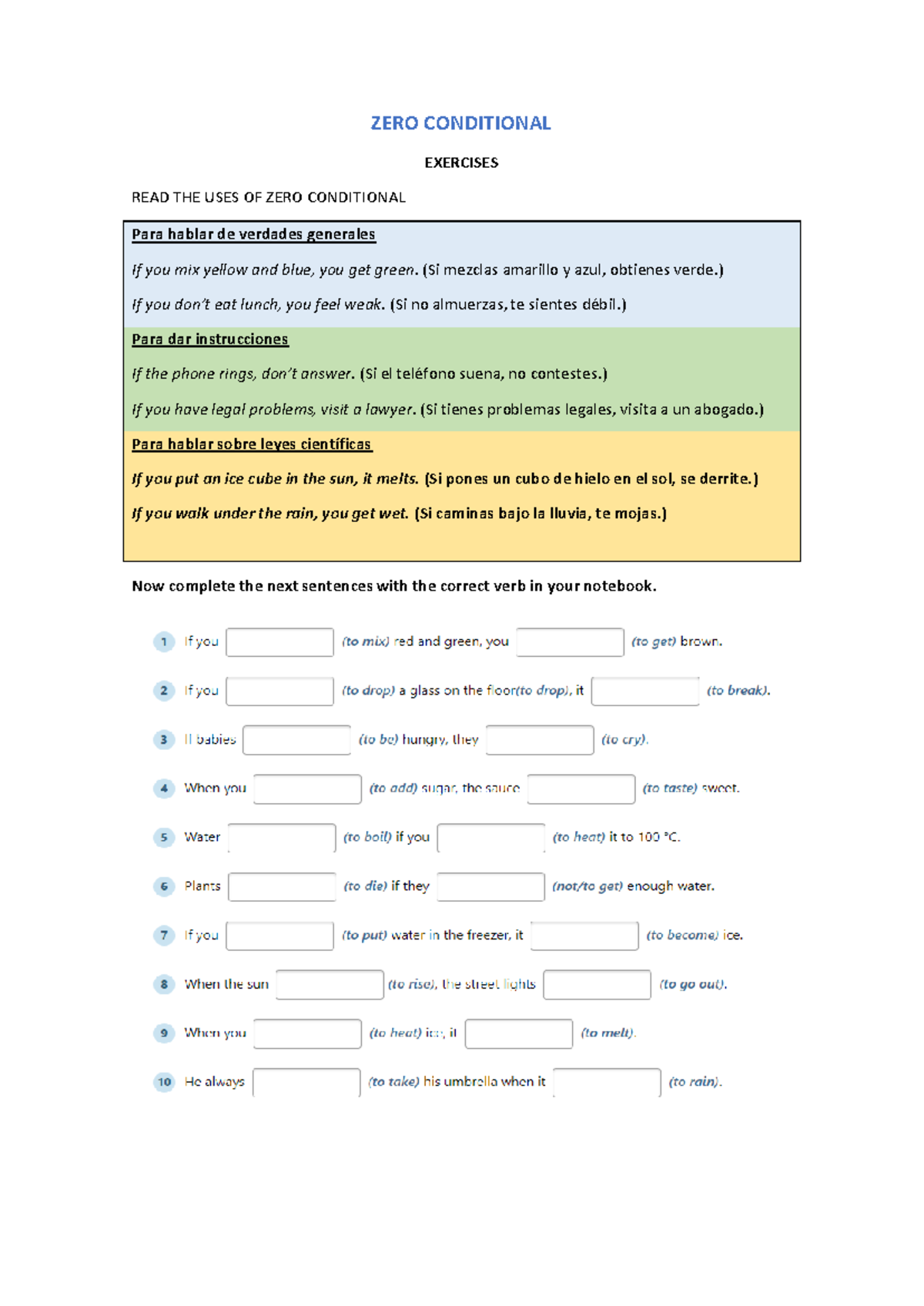 ZERO Conditional - Ficha - ZERO CONDITIONAL EXERCISES READ THE USES OF ...