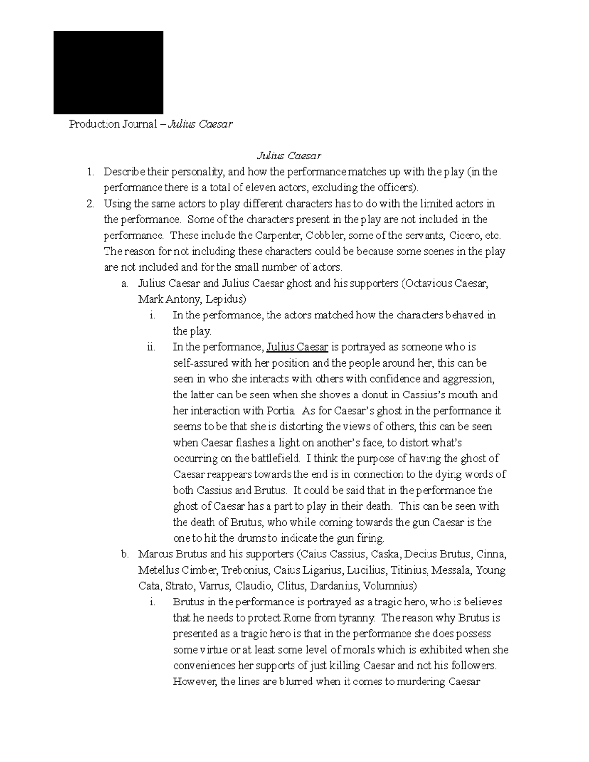 Julius Caesar Journal Production - Cindy Zak English 35200 Fall 2021 ...