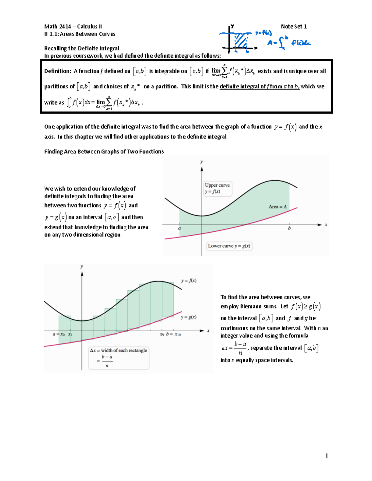 Areas between Curves - H 1: Areas Between Curves Recalling the Definite ...