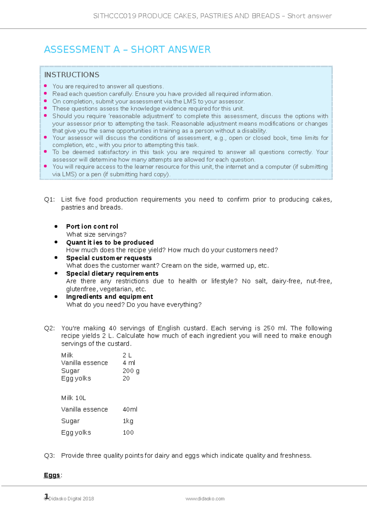 Sithccc 019 Assessment A Short answer V2 1 - ASSESSMENT A – SHORT ...