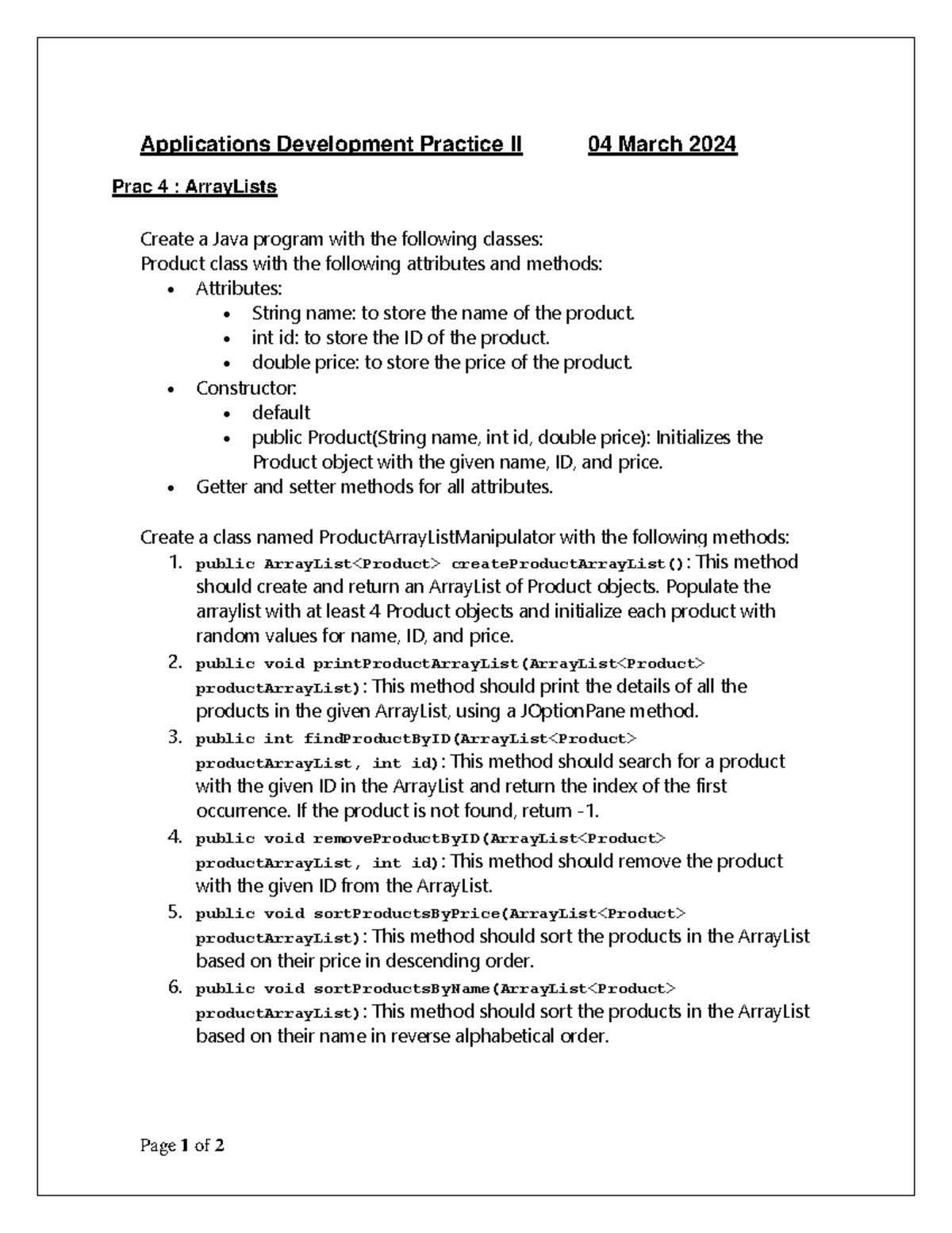 ADP262S-Prac4-2024 - Page 1 of 2 Applications Development Practice II 04 March 2024 Prac 4 ...