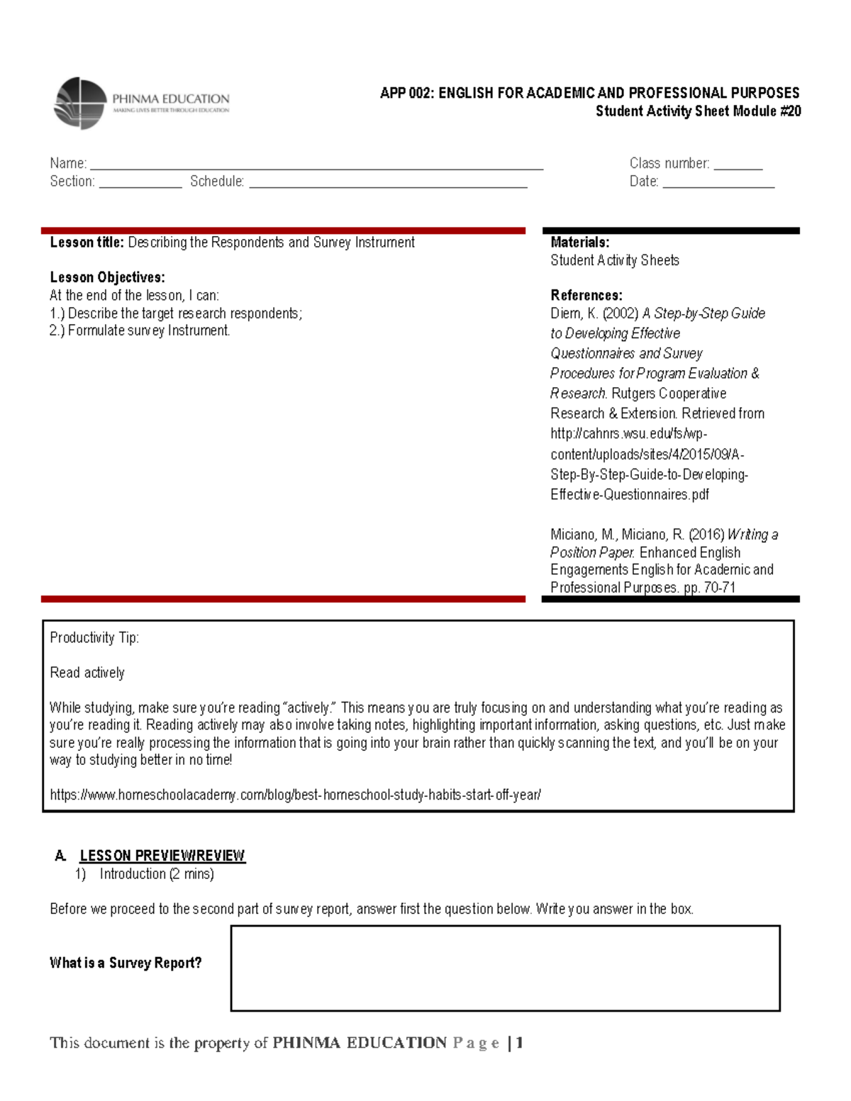 SAS 20 - N/A - Student Activity Sheet Module # Name: - Studocu