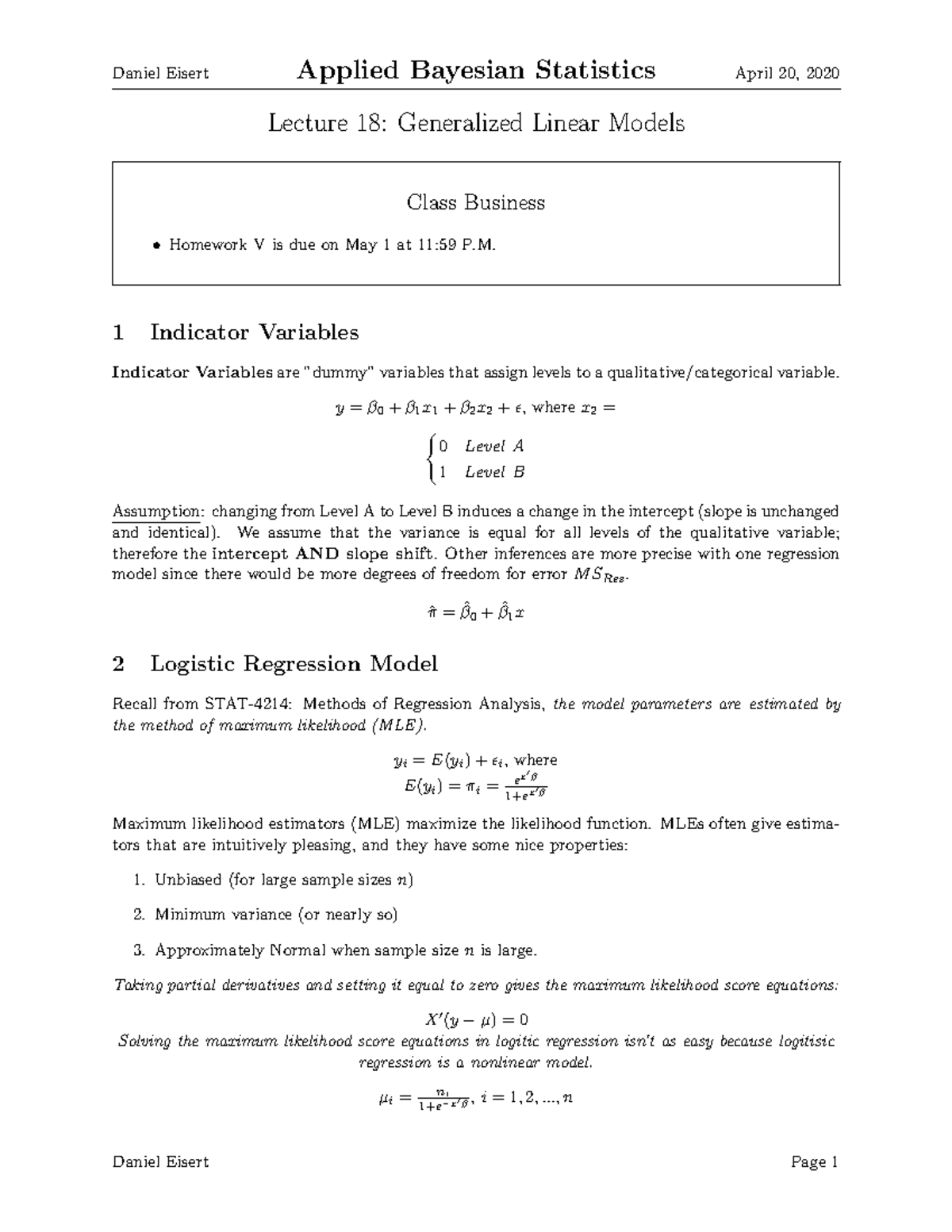 STAT 4444 Lecture 18 Generalized Linear Models - Daniel Eisert Applied Bayesian Statistics April ...