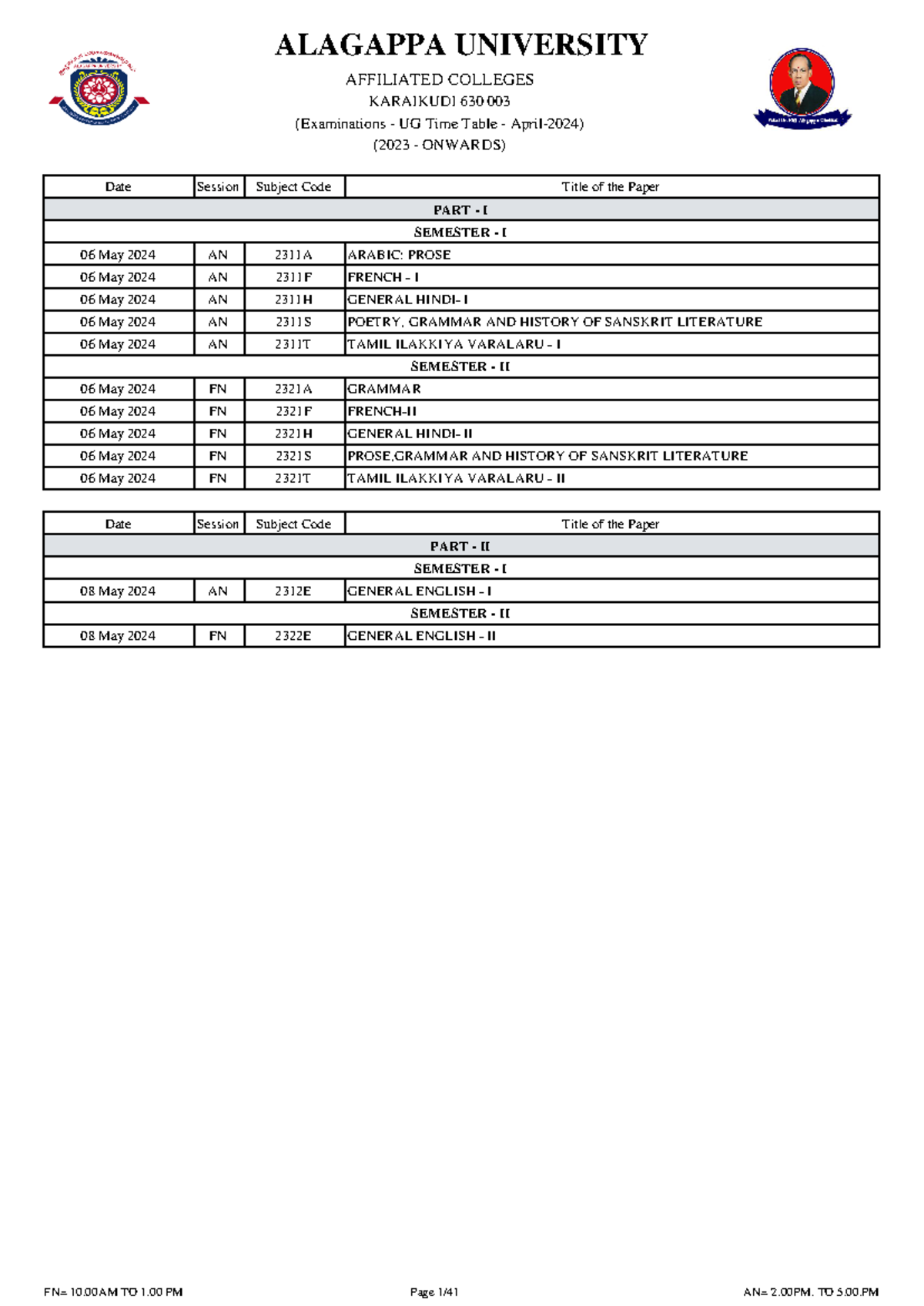 Examinations-UG Time Table April-2024 2023- Onwards) - AFFILIATED ...