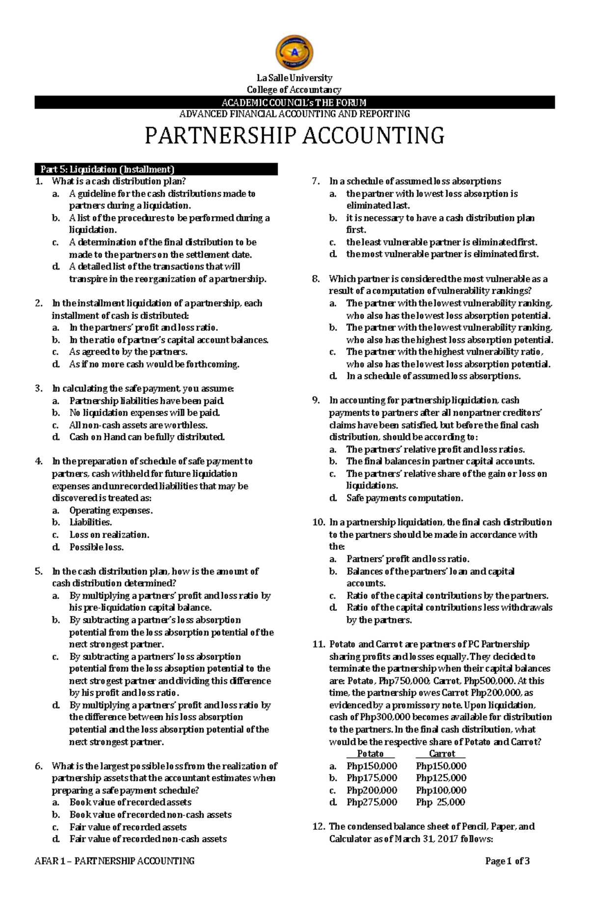 Partnership accounting - AFAR 1 – PARTNERSHIP ACCOUNTING Page 1 of 3 La ...